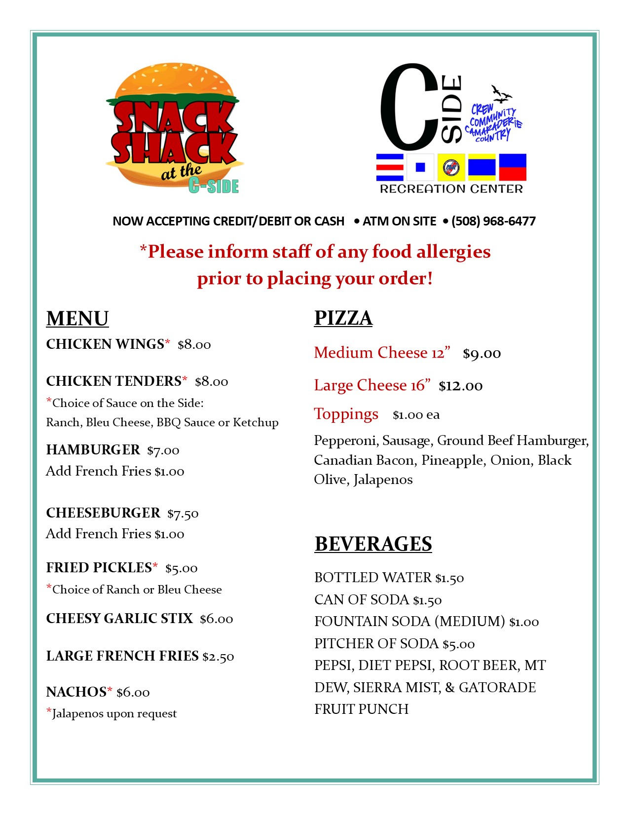 Snack Shack at the C-Side Menu | USCG Base Cape Cod MWR