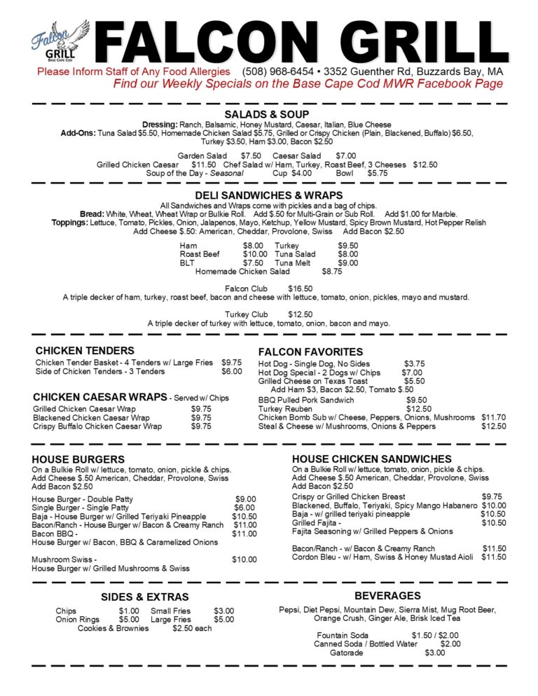 Falcon Grill Menu & Weekly Special – November 27 | USCG Base Cape Cod MWR