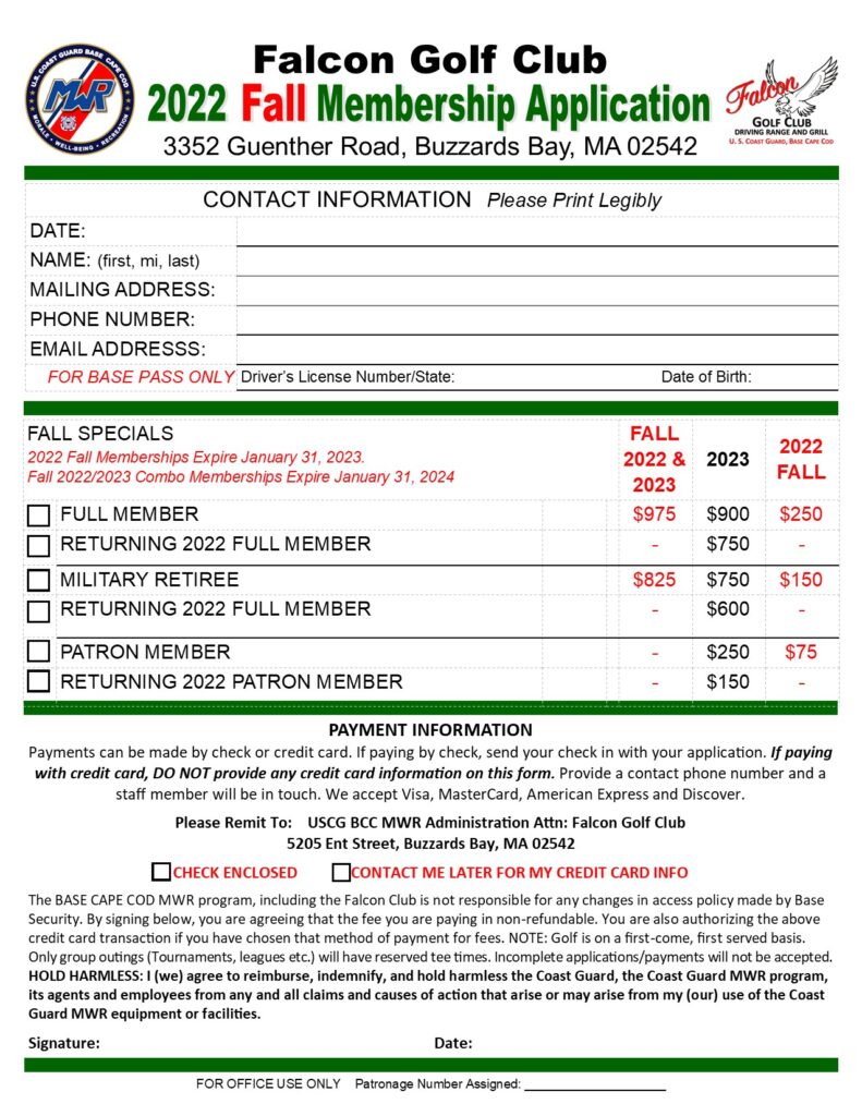 Falcon Golf Club 2022 Fall Membership Specials | USCG Base Cape Cod MWR