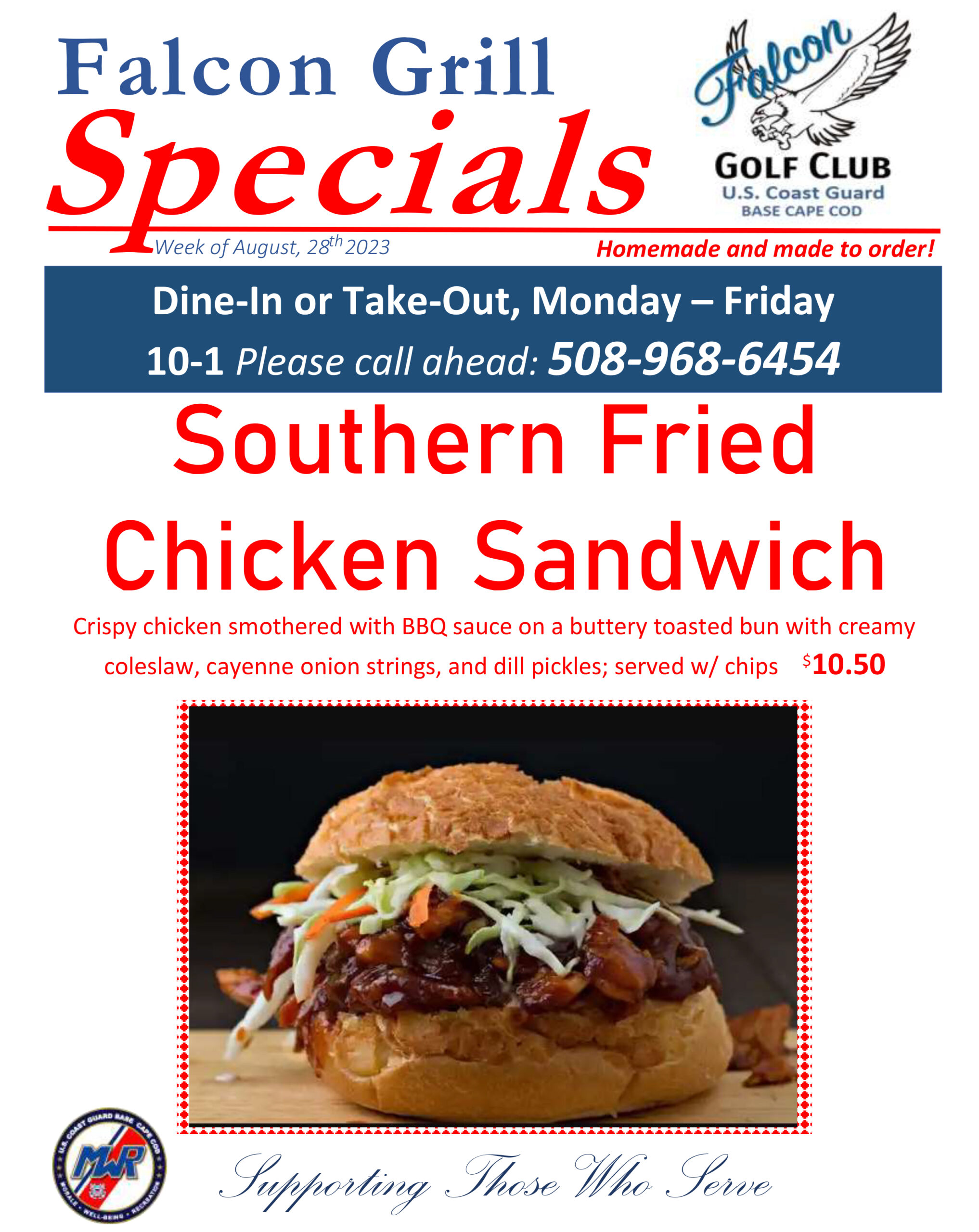 Falcon Grill Menu & Weekly Special – August 28 | USCG Base Cape Cod MWR
